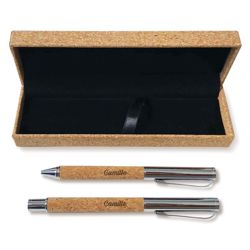 Parure et 2 stylos personnalisable en liège - Cadeau bureau ...